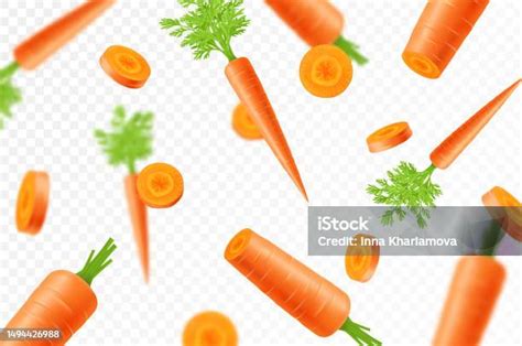 떨어지는 당근은 투명한 배경에 고립되어 있다 흐릿한 효과로 전체 및 얇게 썬 야채를 날립니다 광고 포장 배너 포스터 인쇄에 사용할 수 있습니다 사실적인 3d 디자인 3차원