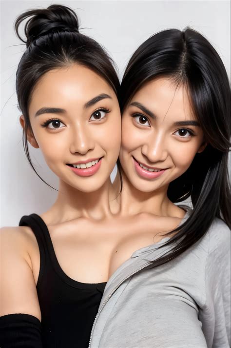 Two Asian Women Posing For A Picture In Front Of A White Background