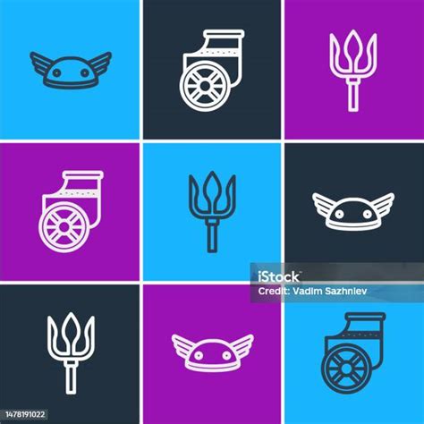 세트 라인 헬멧 날개 해왕성 삼지창 및 고대 전차 아이콘 벡터 0명에 대한 스톡 벡터 아트 및 기타 이미지 0명 고대의 고풍스런 Istock