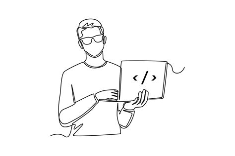 Single One Line Drawing Man Carrying Laptop For Coding Programming