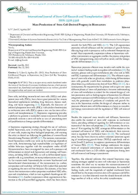 Pdf Mass Production Of Stem Cell Derived Progeny In Bioreactors