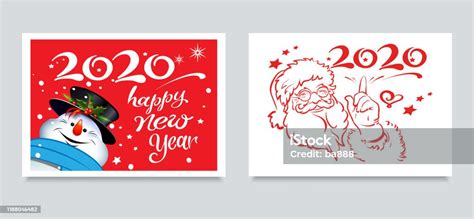 당신의 디자인을위한 크리스마스 카드 행복 한 산타 클로스와 빨간색에 메리 눈사람 두 귀여운 이미지 큰 캡션 2020 새해 복 야 12월에 대한 스톡 벡터 아트 및 기타