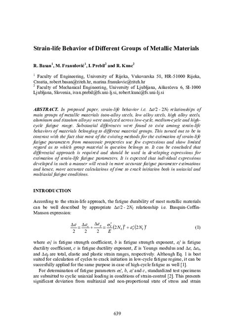 Pdf Strain Life Behavior Of Different Groups Of Metallic Materials