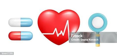 현실적인 3d 심장 맥박 라인 캡슐 알약 돋보기 응급 병원 상담 심장 신호 진단 건강 의료 개념 흰색 배경에 분리된 벡터 그림 3차원 형태에 대한 스톡 벡터 아트 및 기타