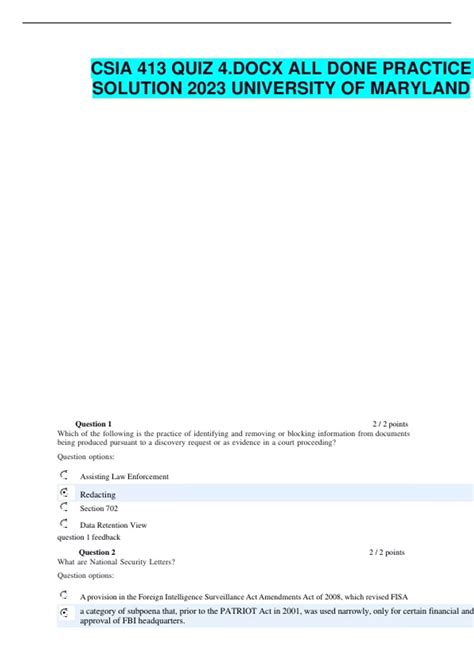 CSIA QUIZ DOCX ALL DONE PRACTICE SOLUTION UNIVERSITY OF MARYLAND CSIA Stuvia US