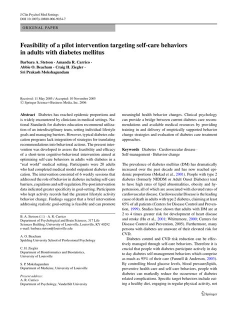 Pdf Feasibility Of A Pilot Intervention Targeting Self Care Behaviors In Adults With Diabetes
