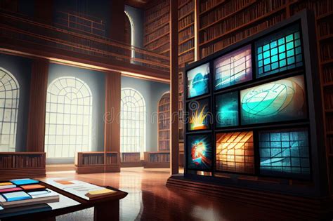 High Tech Library With Touchscreens Virtual Reality And Holographic Displays Stock