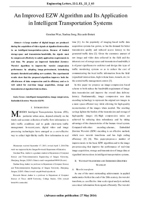 Pdf An Improved Ezw Algorithm And Its Application In Intelligent Transportation Systems