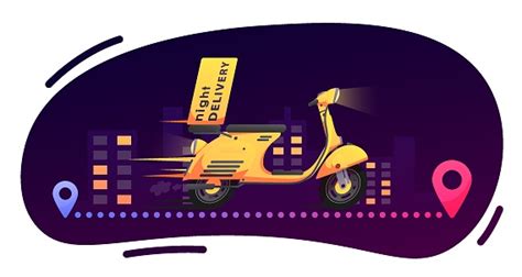 노란색 빠른 배달 복고풍 스쿠터 오토바이 도중 도로 및 밤 도시 지도에 핀 흰색 디자인 전단지 포스터 배너 웹 광고에 대 한 벡터 일러스트 레이 션 0명에 대한 스톡 벡터