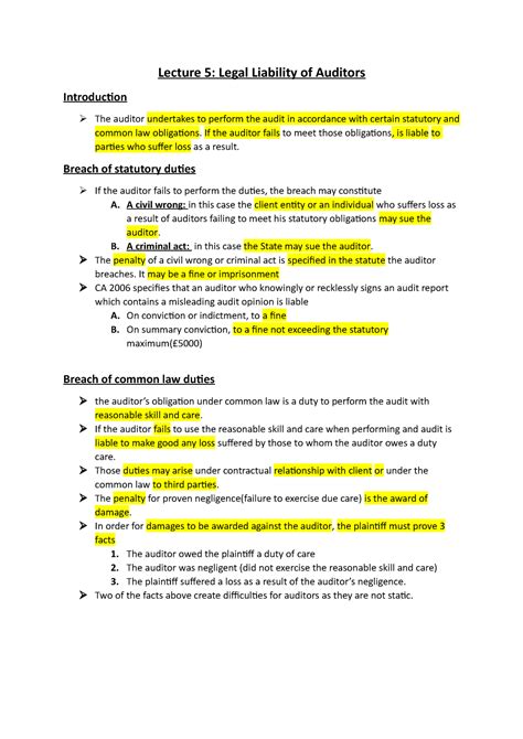 Legal Liability Of Auditors Lecture 5 Legal Liability Of Auditors Introduction The Auditor