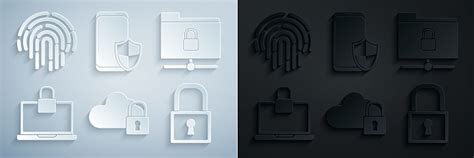 클라우드 컴퓨팅 잠금 Ftp 폴더 및 노트북 잠금 보안 방패 및 지문 아이콘이 있는 스마트폰을 설정합니다 벡터 3차원 형태에 대한 스톡 벡터 아트 및 기타 이미지 Istock