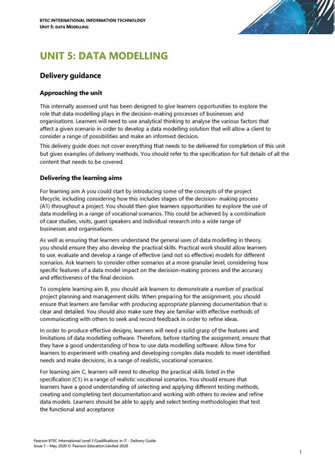 Data Modeling Unit Specification Unit 5 Data Modelling Pearson Btec