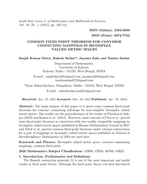 Pdf Common Fixed Point Theorems For Converse Commuting Mappings In Bicomplex Valued Metric Spaces