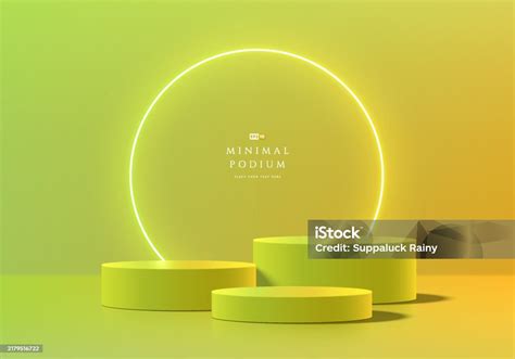 3d 녹색과 노란색 원형 연단 와 원형 네온 조명 배경 미니멀리스트 디자인의 추상적 구성 스튜디오 디스플레이 쇼룸 스탠드 제품 받침대 패션 무대 쇼케이스 모형 장면 0명에