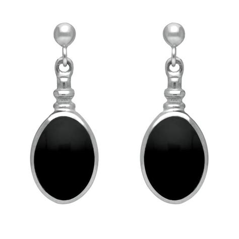 Sterling Silver Whitby Jet Oval Bottle Top Drop Earrings E056 Earrings