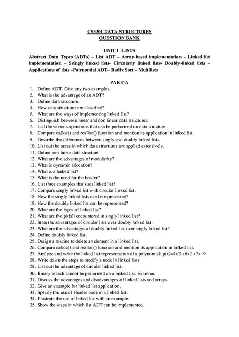 Cs3301 Data Structures Question Bank Unit I Overview And Key Concepts