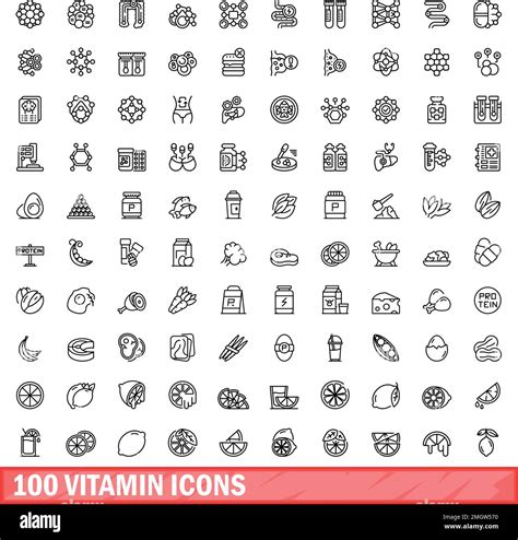 100 Vitamin Icons Set Outline Illustration Of 100 Vitamin Icons Vector Set Isolated On White