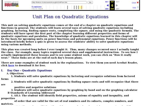 Unit Plan On Quadratic Equations Lesson Plan For 9th 12th Grade Lesson Planet