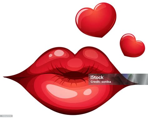 Bibir Merah Kartun Ciuman Ciuman Udara Dengan Hati Terisolasi Ilustrasi Stok Unduh Gambar