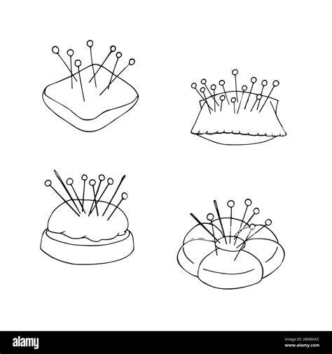 Set Of Hand Drawn Pincushions With Needles And Pins Sewing Tools