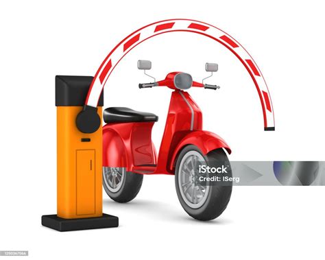 흰색 배경에 자동 장벽과 스쿠터 격리된 3d 그림 3차원 형태에 대한 스톡 사진 및 기타 이미지 3차원 형태 건설용 배리어 게이트 Istock
