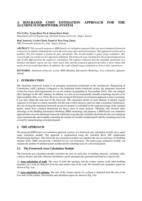 Pdf A Bim Based Cost Estimation Approach For The Aluminum Formwork System