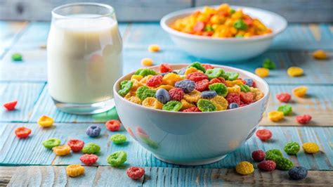Multi Colored Delicious Corn Flakes With Milk Breakfast Of Colored Corn