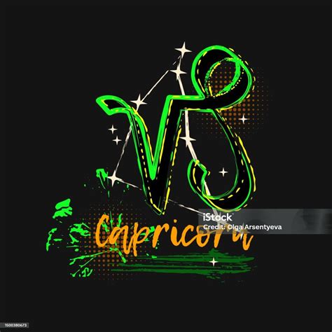 별자리 텍스트 페인트 튄 자국 얼룩 브러시 스트로크가 있는 조디악 표지판 염소자리 아이콘이 있는 그런지 레이블 별자리 지구의