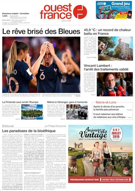 Journal Ouest France France Les Unes Des Journaux De France Édition