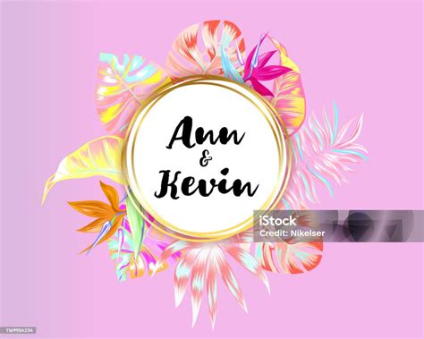 벡터 하와이 열대 핑크 야자수 잎과 꽃 초대장입니다 유행 여름 열대 자연과 웨딩 또는 파티 전단지 밝은 다채로운 정글 라운드 디자인 템플릿 벡터 그림입니다 Eps 10 0