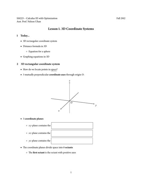 Lesson 1 3d Coordinate Systems 1 Today