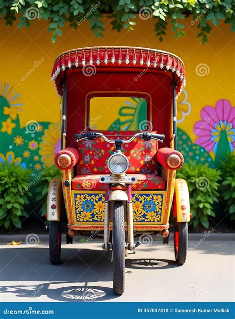 A Brightly Decorated Traditional Rickshaw Shown From A Direct Front
