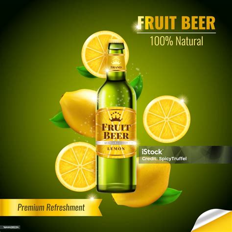 과일 맥주 음료 현실적인 광고 배너입니다 레몬 또는 라임 신선한 음료 주류 제품 광고 프리미엄 구매 콜드 폼 에일 유리병 벡터 소매 배경 디자인 템플릿 Ale에 대한 스톡