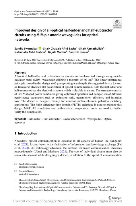 Improved Design Of All Optical Half Adder And Half Subtractor Circuits Using Mim Plasmonic