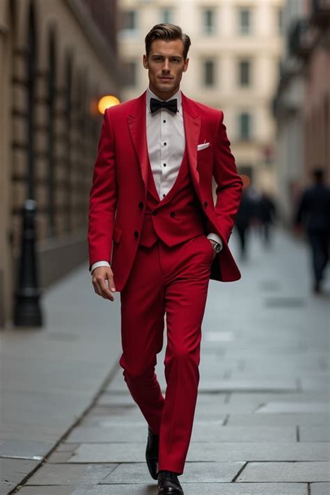Man In Red Tuxedo Showing Cleavage Walking On The Curb In Black Shoes Royalty Free