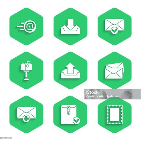 업로드 받은 편지함 봉투 및 확인 표시 우편 스탬프 수신된 메시지 개념 메일 및 전자 메일 아이콘을 설정합니다 벡터 고무도장에