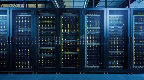 Rows Of Server Racks In Modern Data Center With Operational Servers Telecommunications
