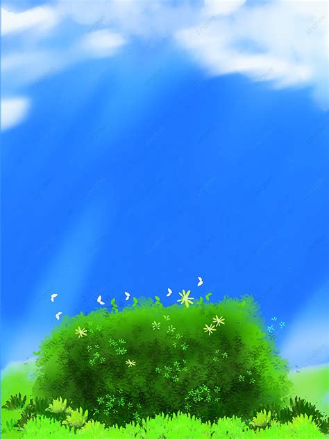 藍天白雲插畫樹叢海報背景手繪 入夏背景 節氣 穀雨背景圖片和桌布免費下載