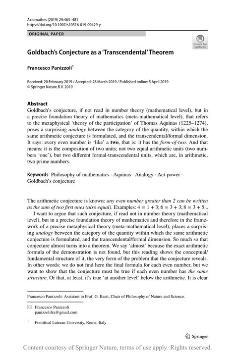 Goldbachs Conjecture As A ‘transcendental Theorem Request Pdf