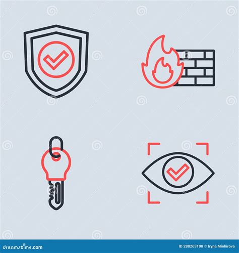 Set Line Firewall Security Wall Key Eye Scan And Shield With Check Mark Icon Vector Stock