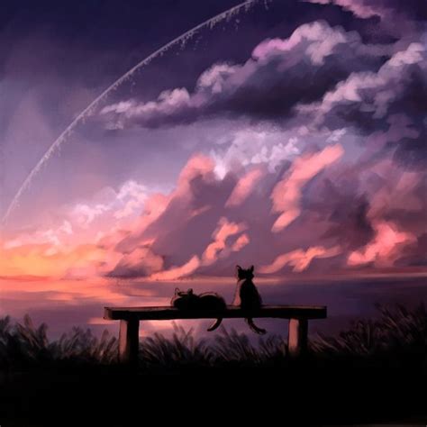 Digital ArtКотики сидят на лавочке и смотрят на уплывающие вдаль облака Красиво Буду рад если