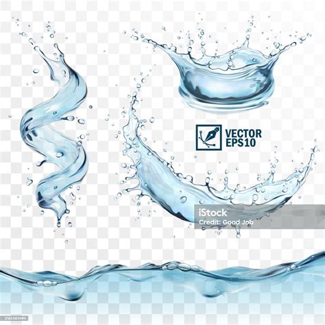 현실적인 투명 고립 된 벡터 세트 물방울과 함께 물방울 나선형 왕관 및 원의 형태로 떨어지는 물의 물방울 거품과 파도 물에 대한