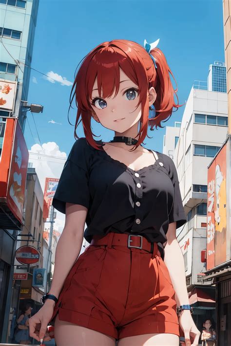 Anime Girl In Short Shorts And Black Shirt Walking Down A City Street