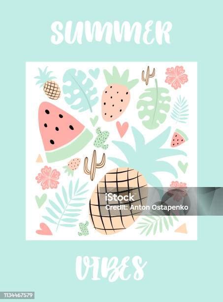 벡터 열 대 일러스트 레이 션 딸기 파인애플 나뭇잎 몬스 테라 선인장 하트 꽃 아이 들을 위한 포스터 휴일 장식 섬유 카드 아기 여름 분위기 파란색 배경 0명에 대한 스톡