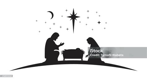 성탄절 아기 예수 마리아와 요셉과 함께 구유에 누워있는 모습 축제 장면 예수 그리스도의 탄생 베들레헴의 별 성탄화에 대한 스톡