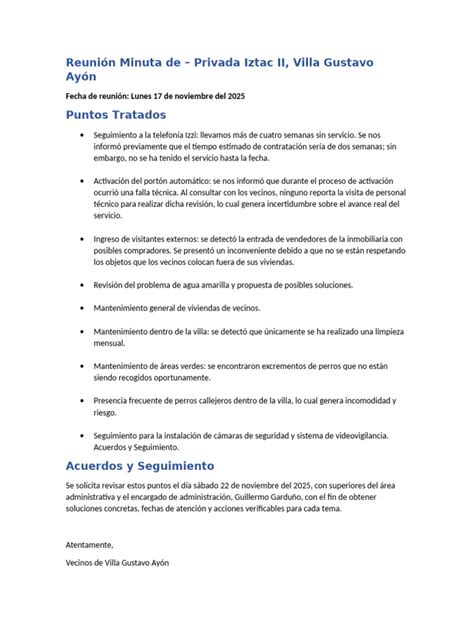 Minuta De Reunión Problemas En Iztac Ii Pdf
