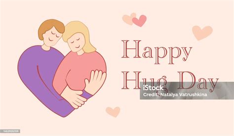 젊은 부부가 서로 껴안고 있는 전국 포옹의 날 인사말 카드 남자와 여자는 사랑과 미소로 포옹합니다 발렌타인 데이 카드 사랑스러운 사람들은 하트 기호 그림 아이콘에서 서로를