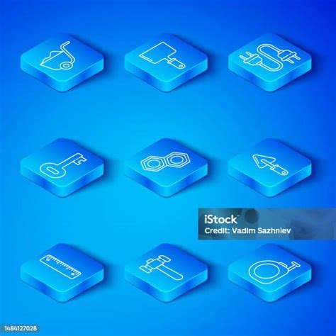 선 눈금자 육각형 금속 너트 망치 흙손 전기 플러그 오래된 키 삽 및 룰렛 구성 아이콘을 설정합니다 벡터 3차원 형태에 대한 스톡 벡터 아트 및 기타 이미지 Istock