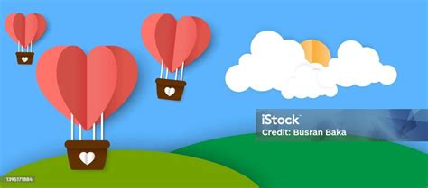 행복한 발렌타인 데이 타이포그래피 벡터 디자인 하늘 빨간 분홍색 심장 모양에 종이 풍선 컷 하얀 구름 벡터 이미지 사랑 공예에 대한 스톡 벡터 아트 및 기타 이미지 Istock