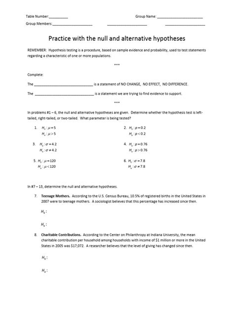 Practice With The Null And Alternative Hypotheses Pdf Hypothesis